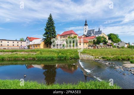 Pribor (Freiberg in Mähren), river Lubina, Old Town, Church of the ...