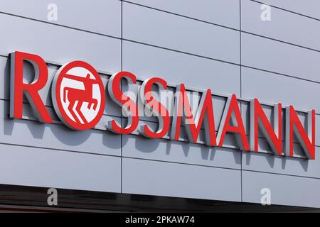Picture of a sign with the logo of Rossmann on one of their stores in ...