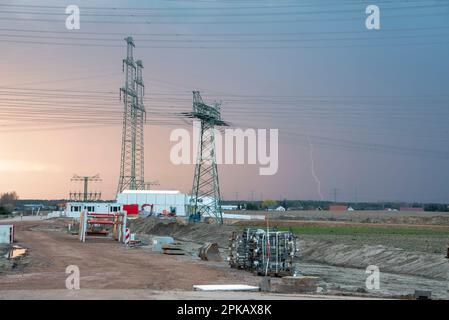 Lightning strikes behind power pylons, Wolmirstedt substation ...