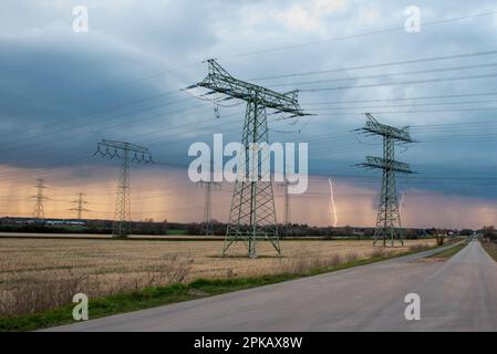 Lightning strikes behind power pylons, Wolmirstedt substation ...