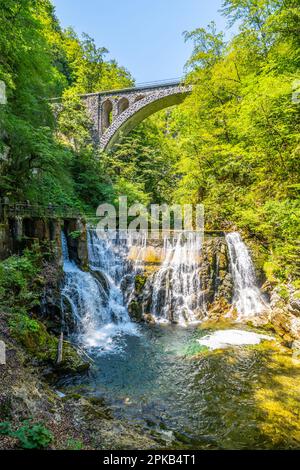 Stone railway viaduct over the Radovna river waterfall in the Vintgar ...