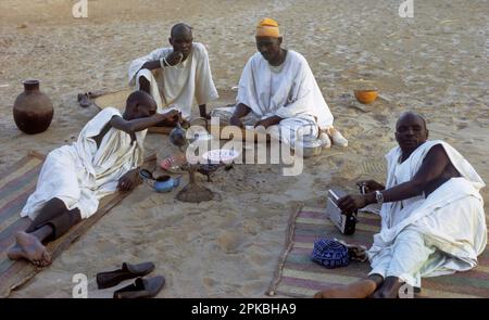 Africa Chad Sahel region islands of Lake Chad Buduma men weeding millet ...