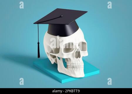 The skull of a man wearing a traditional Graduate cap. The concept of ...