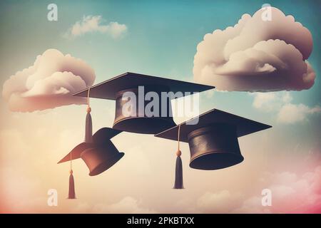Graduation cap thrown into the blue sky. Graduation from an educational ...