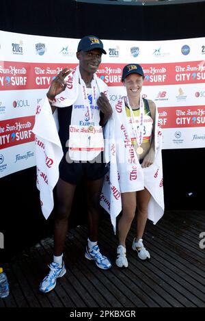 New Zealand’s Jessica Ruthe, winner of the women’s race, is greeted by ...