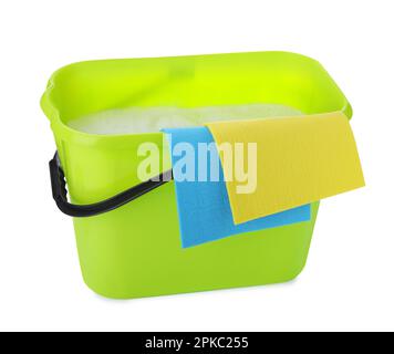 Green bucket with rags isolated on white Stock Photo - Alamy