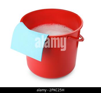 Red bucket with detergent and rag isolated on white Stock Photo - Alamy