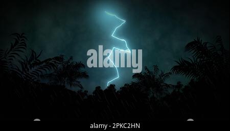 Image of lightning striking over palm trees and stormy clouded sky ...