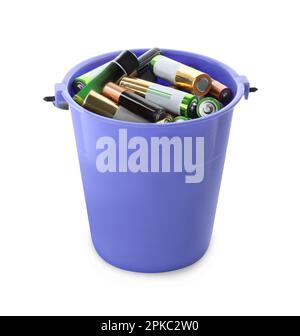 Used batteries in bucket on white background Stock Photo - Alamy