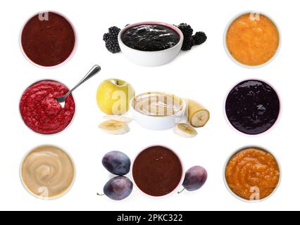 Set with different tasty fruit puree on white background, top view ...