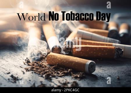 A pile of extinguished and crumpled cigarettes, cigarette burning and ...