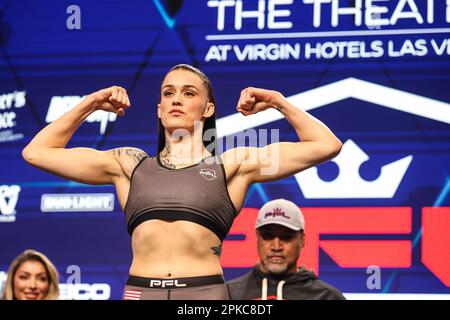 April 7, 2023: (R-L) Featherweight Amber Leibrock knocks down Martina ...