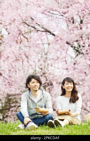 Couple eating bento under a cherry tree Stock Photo - Alamy