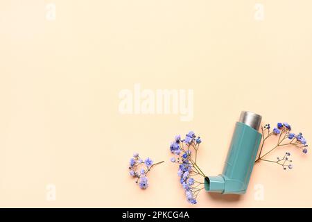 Asthma inhaler with gypsophila flowers on beige background Stock Photo ...