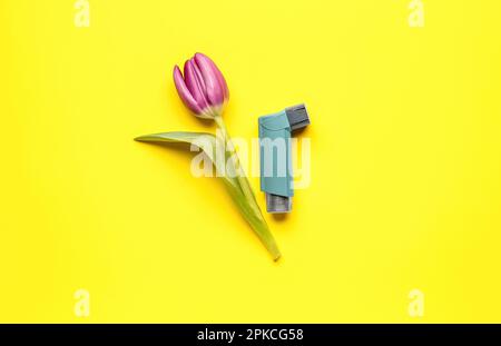 Asthma inhaler with tulip on yellow background Stock Photo - Alamy