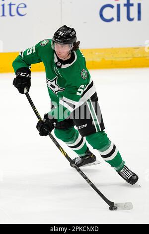 Dallas Stars defenseman Thomas Harley makes a pass during an NHL hockey ...