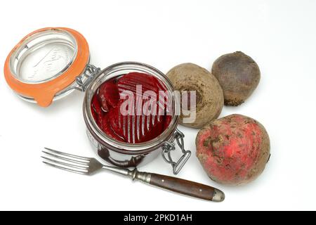 Pickled beetroot in glass jar and beetroot, Beta vulgaris Stock Photo ...