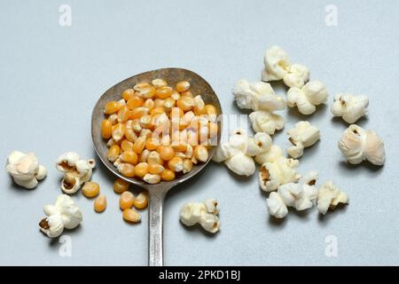Corn (Zea mays) kernels in ladle and popcorn, puffed corn Stock Photo ...