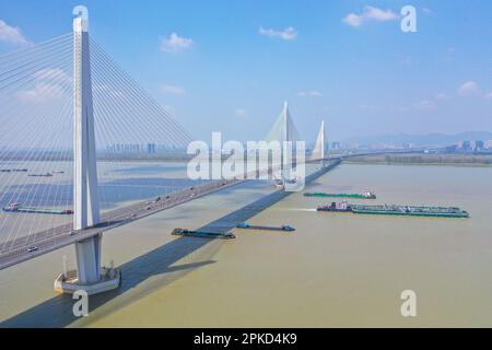 Aerial photo shows the cargo ship traveling in the Baoying section of ...