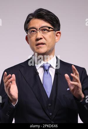 Koji Sato, president of Toyota Motor Co., delivers a speech during a ...