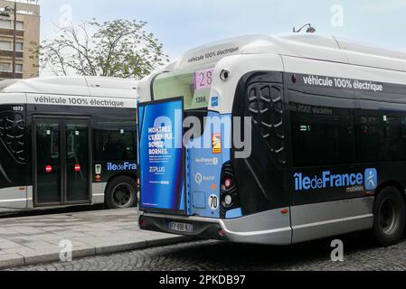 Paris, France. April 02. 2023. RATP public transport. Electric bus used ...
