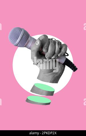 Art collage, modern art collage, hand with a microphone from a phone ...