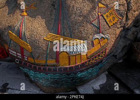 A lorcha, a three-masted ship with a European-style hull and the sails ...