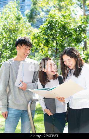 Three students talking with files spread out Stock Photo - Alamy