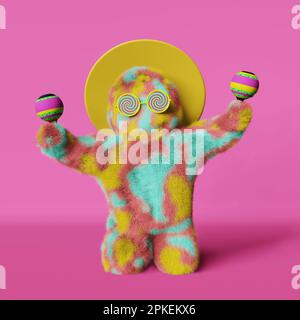 Happy colorful furry Yeti Mexican sombrero hat traditional maracas ...
