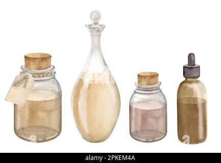 Glass Bottles and decanter with essential oil surrounded by pink lotus ...