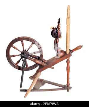Old vintage distaff and spindle. Ancient wooden spinning wheel Stock ...