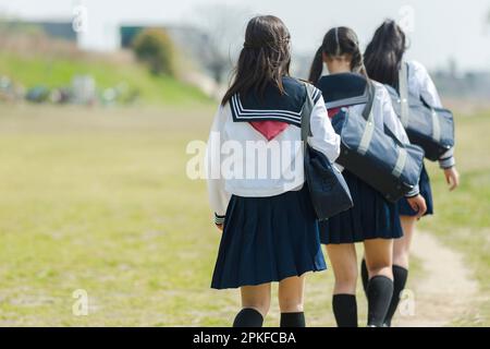 Schoolgirls walking single file Stock Photo - Alamy