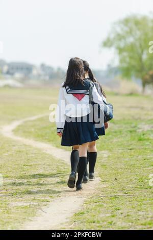 Schoolgirls walking single file Stock Photo - Alamy