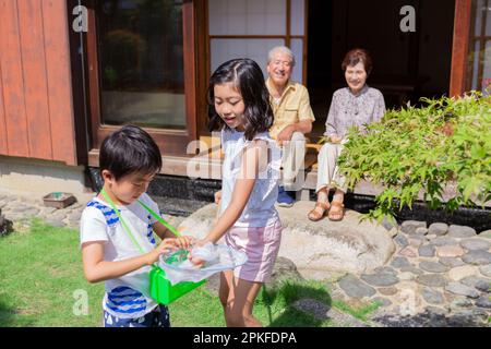 Sister, brother and grandparents catching insects Stock Photo - Alamy