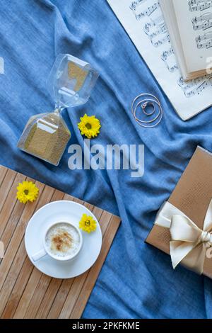 classical blue gift box with white ribbon and bow Stock Photo - Alamy