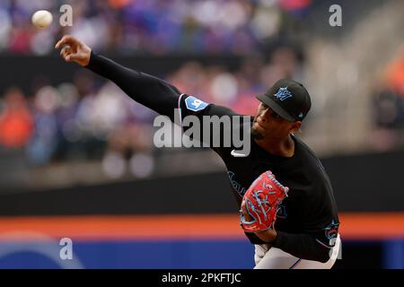 Miami Marlins pitcher Edward Cabrera (27) throws during the first ...