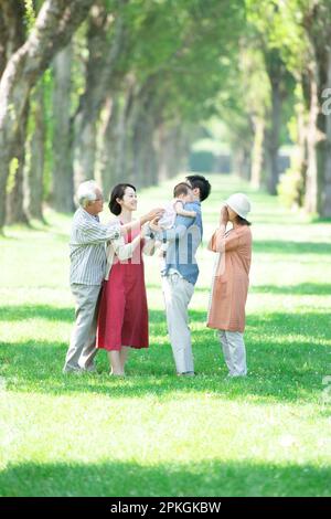 A family of three generations chatting among the poplar trees Stock ...