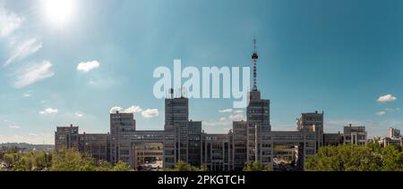 Aerial Derzhprom building panorama in spring sunny Kharkiv city center ...