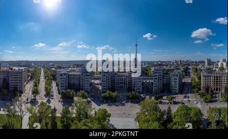 Aerial Derzhprom building in spring greenery on Freedom Square in ...