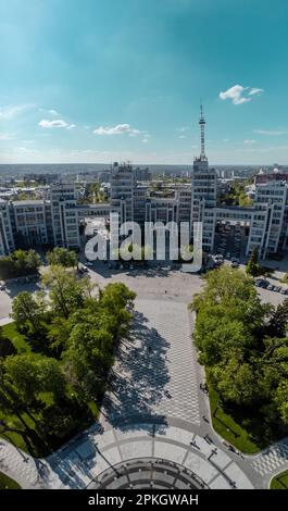 Aerial Derzhprom building panorama in spring sunny Kharkiv city center ...