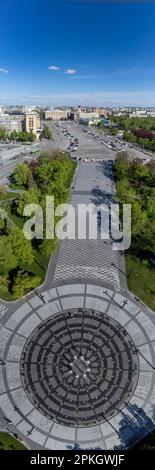 Spring city aerial, Freedom Svobody Square with a circle fountain and ...