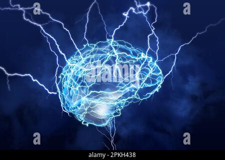 Illustration of human brain with lightning strikes on color background ...