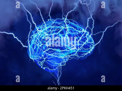 Illustration of human brain with lightning strikes on blue background ...