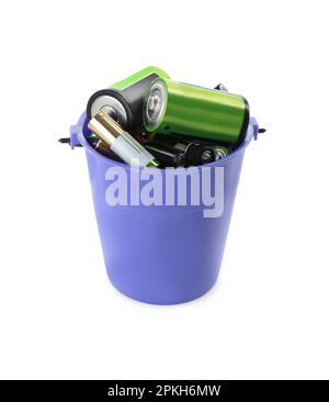 Used batteries in bucket on white background Stock Photo - Alamy