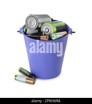 Used batteries and bucket on white background Stock Photo - Alamy