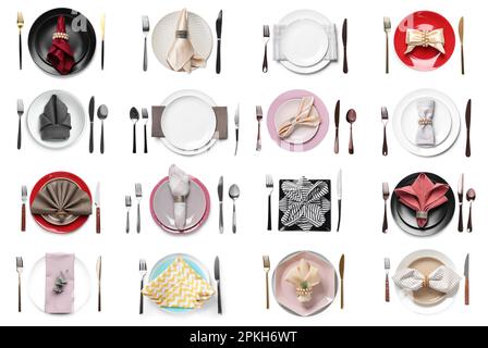 Set with examples of different beautiful table settings on white ...