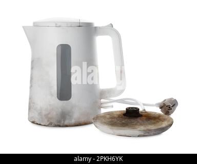 Burnt electric kettle with base and plug on white background Stock ...