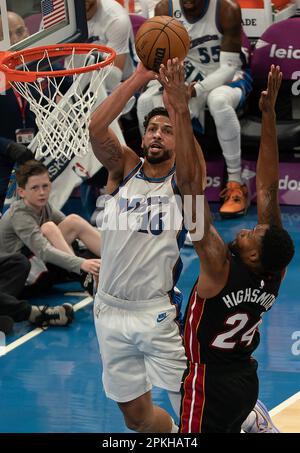 Miami Heat forward Haywood Highsmith, front left, looks to pass the ...