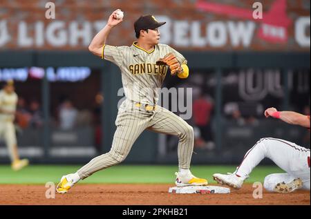 Atlanta Braves' Ha-Seong Kim looks on from the dugout during the fifth ...