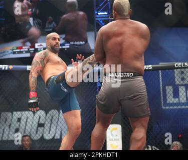 LAS VEGAS, NEVADA - APRIL 7: Danilo Marques and Yorgan De Castro meet in the octagon for their ...